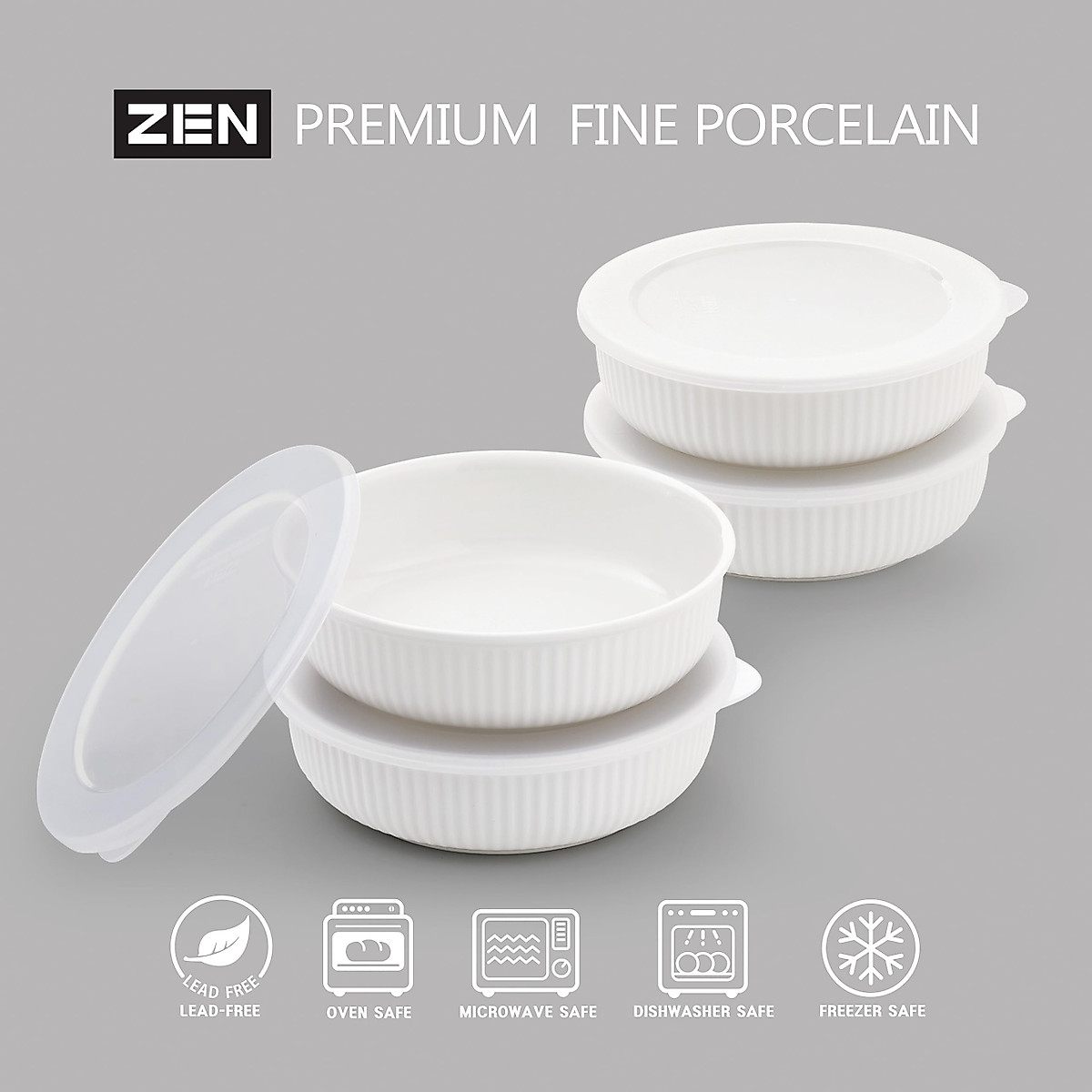 ZEN Porcelain Serve and Store Airtight Container 9oz Freeze Bowls Set of 4