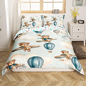 Cartoon Bear Aircraft Bedding Set Watercolor Tie Dye Clouds Cute Airplane Duvet Cover Set for Kids Boys Girls Teens Blue Hot Air Balloon Graffiti Quilt Cover with 2 Pillowcases(No Comforter)Full Size