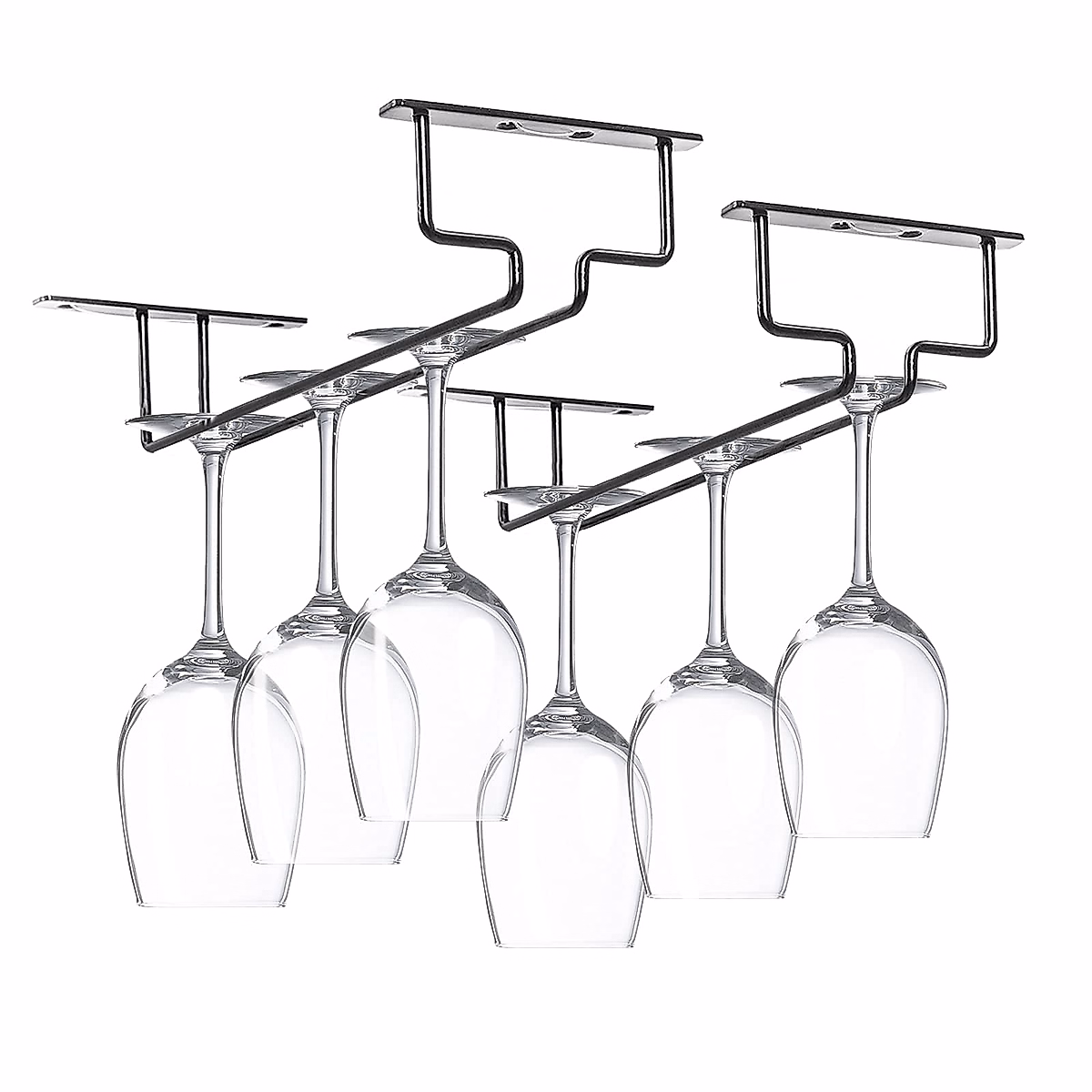 SODUKU Hanging Wine Glass Racks Under Cabinet, 11.8'' Black Stemware Racking Holder for Bar Kitchen Cupboard Shelves, Set of 2