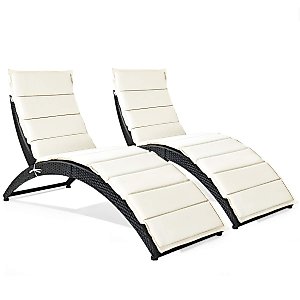 Tangkula Foldable Patio Lounge Chair, Outdoor Rattan Lounger Chaise, Portable Patio Chaise with Cushion, All-Weather Wicker Furniture for Garden Lawn Balcony Backyard Poolside (2, Beige)