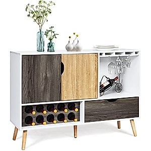 Giantex Buffet Sideboard with Storage, Wine Bar Cabinet for 10 Bottles, Glass Holder, Large Drawer, Wood Cupboard Pantry for Kitchen Cupboard, Standing Credenza (White & Wood)