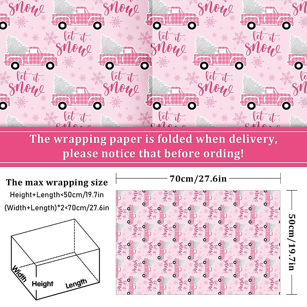 Whaline 12 Sheet Pink Christmas Wrapping Paper Winter Pink Gift Wrap Paper Xmas Tree Santa Snowman Snowflake Folded Flat DIY Craft Art Paper for Party Decor Supplies, 19.7 x 27.6 Inch