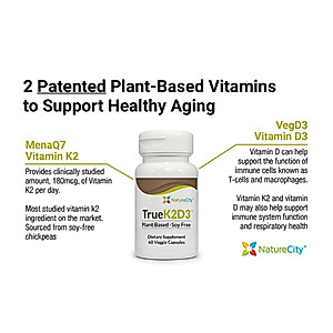 NatureCity TrueK2D3 Bone and Heart Health Formula - Plant Based 90mcg of Vitamin K2 (MK7) & 62.5mcg of Vitamin D3 60 Veggie Capsules