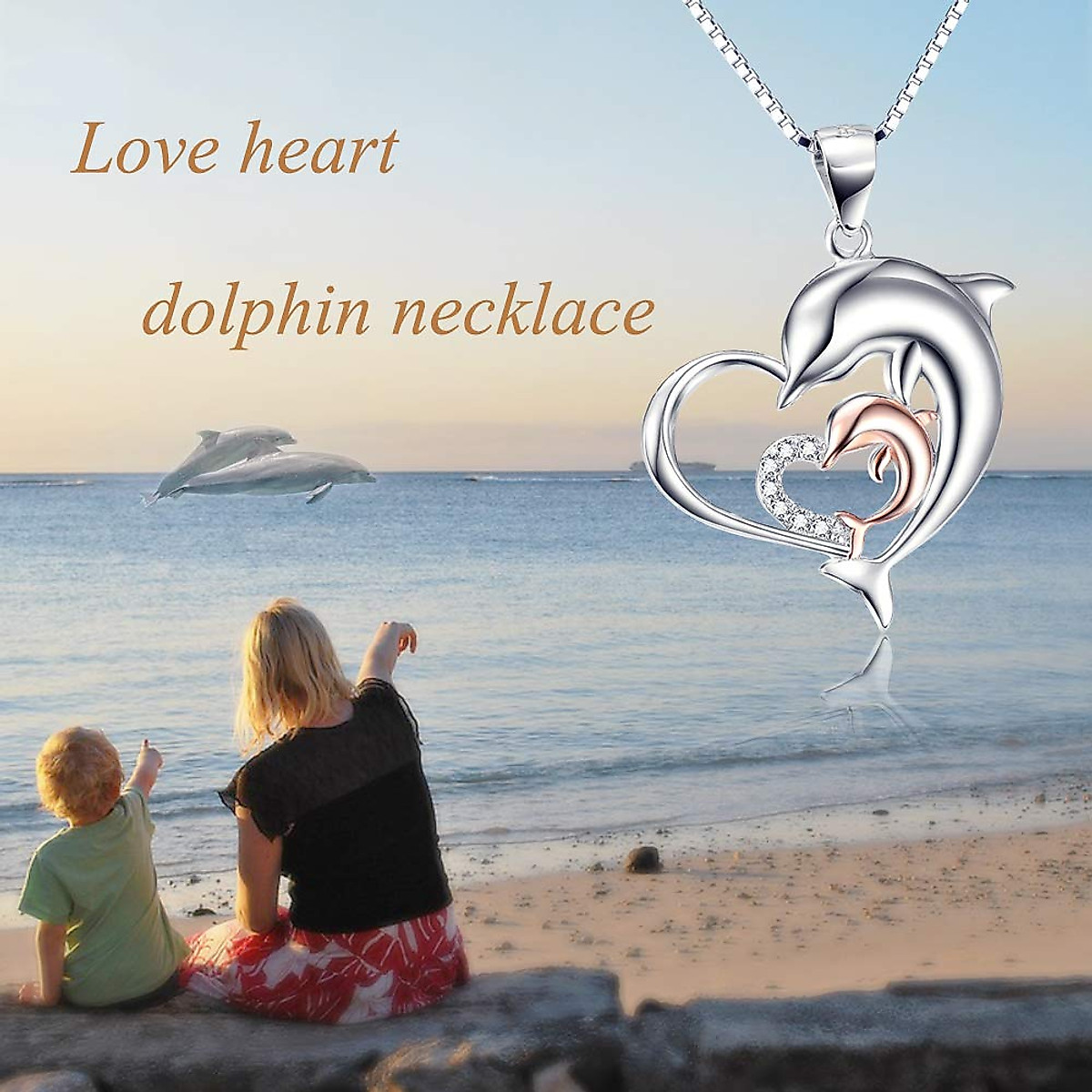 Angel caller Dolphin Necklace Gifts 925 Sterling Silver Eternal Love Heart Double Dolphins Pendant Necklace Jewelry for Women Mom Mother Daughter