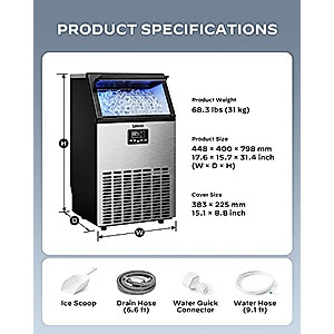 Silonn Commercial Ice Maker Machine, 90lbs/24H with 30lbs Bin, Full Heavy Duty Stainless Steel Construction, Self-Cleaning, Clear Cube for Home Bar, Include Connection Hose, Scoop