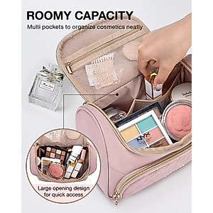 BAGSMART Travel Makeup Bag, Cosmetic Bag Make Up Organizer Case,Large Top Flap Wide Open Pouch for Women Purse for Toiletries Accessories Brushes(Pink)