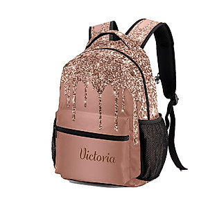 Liveweike Rose Gold Glitter Sparkle Drip Personalized Kids Backpack with Name Teen Girl Boy Primary School Travel Bag