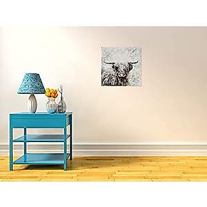 Yihui Arts Highland Cow Canvas Wall Art Hand Painted Lovely Wild Animal Oil Paintings Grey and White Rustic Pictures Yak Artwork for Farmhouse Living Room Bedroom Bathroom Decoration