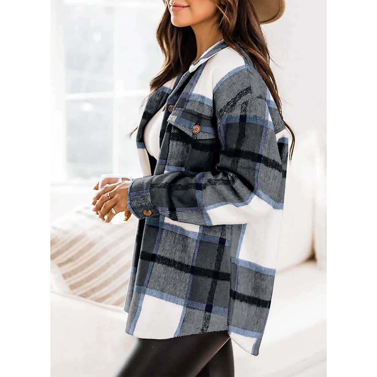 DOROSE Shackets For Women Flannel Shirt Fall Long Sleeve Button Down Plaid Jackets Coat (Black, X-Large)