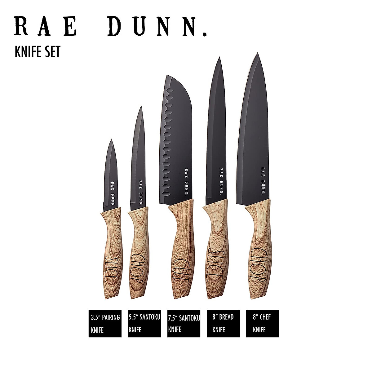 Rae Dunn Everyday Collection Set of 5 Stainless Steel Knives and Rae Dunn Kitchen Scissors- Stainless Steel, with Soft Grip Handles (Black)