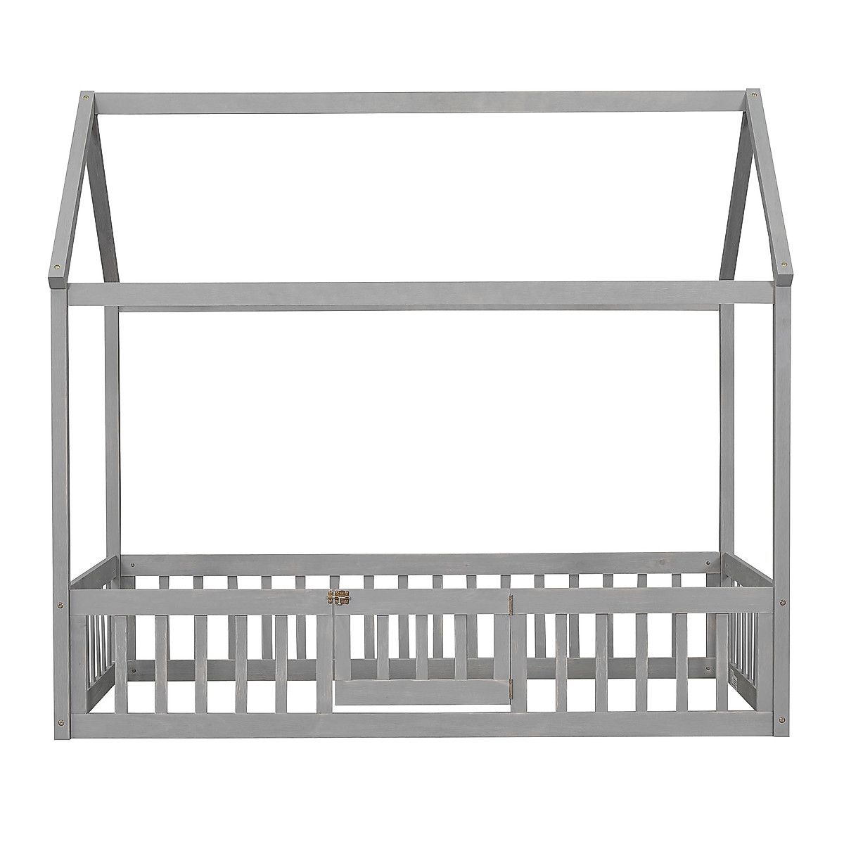 House Bed Twin Bed Frames for Kids,Wood Montessori Floor Bed with Fence and Door Design, Twin Floor Bed with Rails for Girls Boys, Grey Wash