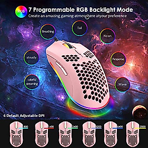 4-in-1 Gaming Keyboard Mouse Combo,87 Keys Rainbow Mechanical Keyboard,RGB 12000 DPI Lightweight Pink Gaming Mouse with Honeycomb Shell,3.5mm Gaming Stereo Headset for PC Laptop Computer