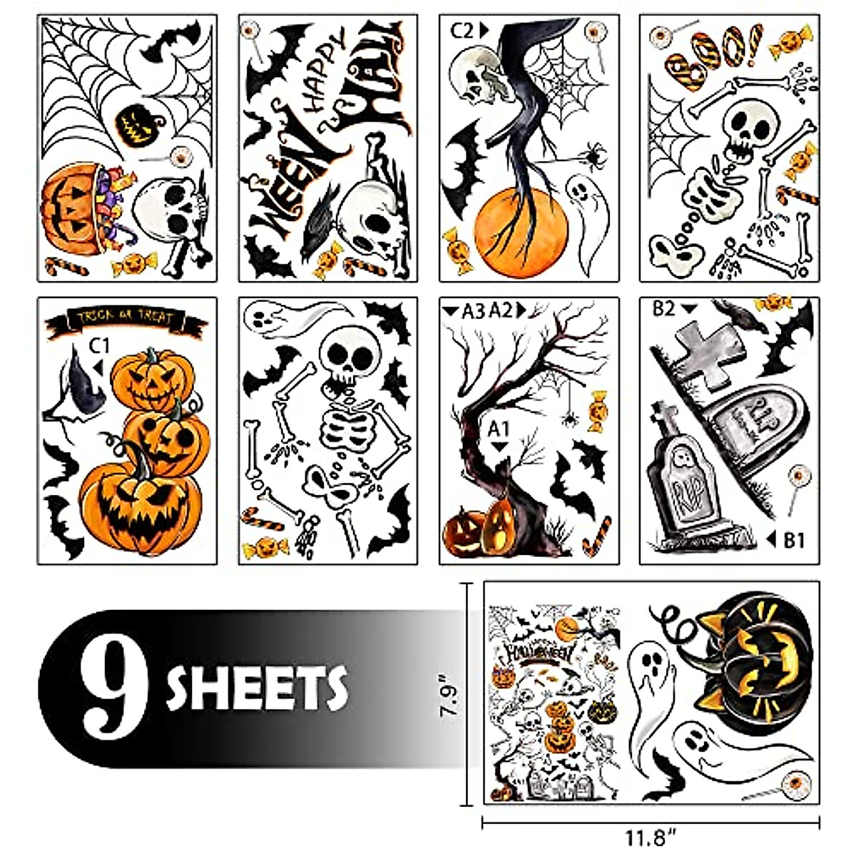 Mfault 65PCS Happy Halloween Window Clings 9 Sheets, Trick or Treat Skeleton Skull Spooky Pumpkins Stickers Decals Decorations, Boo Ghost Bat Holiday Party Supplies Living Room Home Kitchen Decor