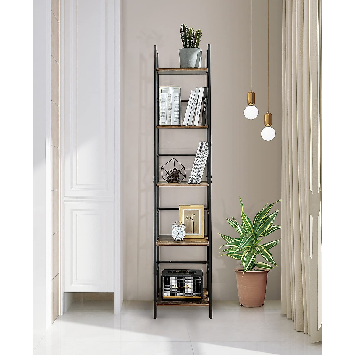 Pshelfy Bookshelf, 5-Tier Narrow Ladder Shelf Bookcase with Metal Frame, Freestanding Corner Rack Shelves for Small Spaces Display Storage Organizer Tall Skinny Shelf for Living Room Kitchen