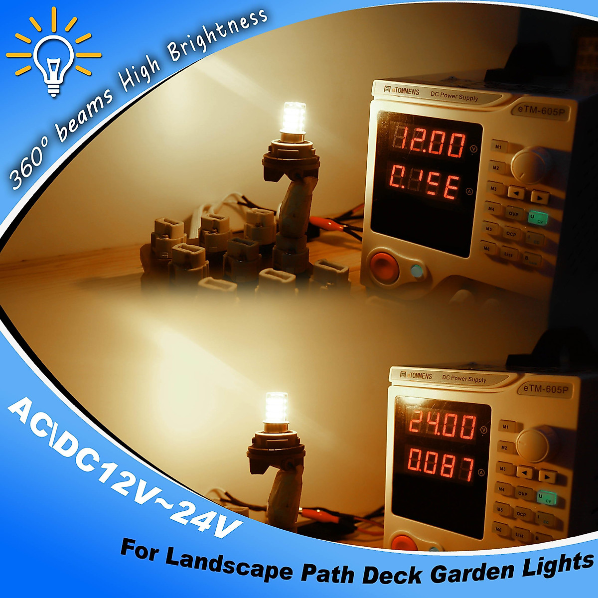 Heifymi T5 T10 LED Wedge Base Bulbs, 2700K Warm White 2 Watts Equivalent 11W 18W Incandecent Bulbs, AC/DC 12-24V Low Voltage Replacement for Landscape Path Deck Garden RV Camper Lights, 6 Pack