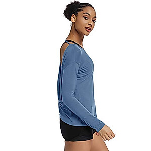 Muzniuer Long Sleeve Workout Shirts for Women Long Sleeve Yoga Tops Backless Yoga Tops Backless Open Back Cross Blouses Open Shirts GrayBlue XL