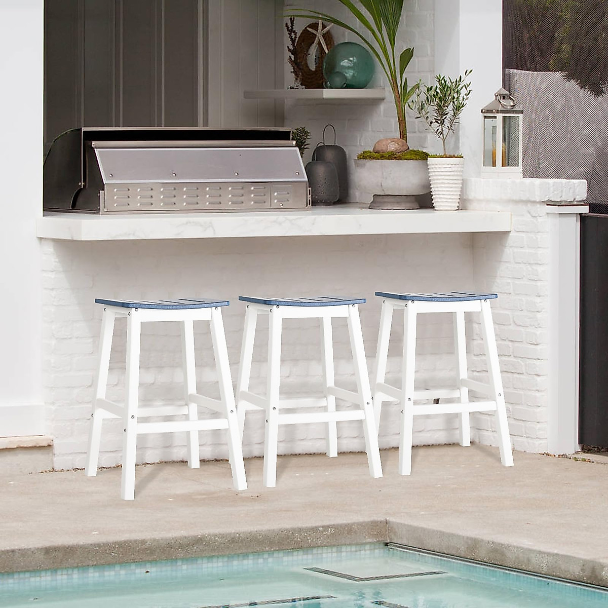 Aoodor Outdoor Bar Stools,Set of 2 Bar Chairs, 28 Inch HDPE Patio Counter Height Bar Stools with Footrest for Backyard, Garden, Lawn and Patio - Navy Blue and White