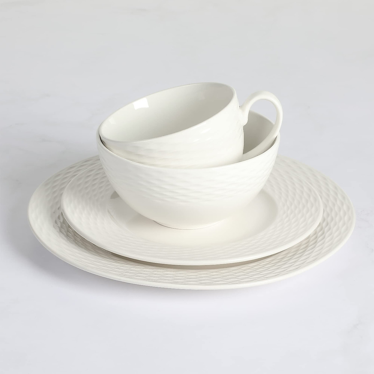 Martha Stewart Maepoole Porcelain Embossed Dinnerware Set White, Service for 4 (16pcs)