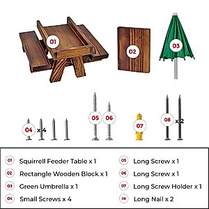 VASGOR Squirrel Feeder Table with Umbrella, Wooden Squirrel Picnic Table, Durable, Corn Cob, Solid Structure and 2 x Thick Benches, Stable, 8.3 x 7 x 8 Inches (1)