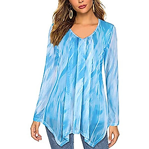 Bulotus Tunic Tops to Wear with Leggings, Fall Blouses for Women V Neck Mesh Chiffon Shirts Long Sleeve Tunic Shirts for Women Loose Fit Asymmetrical hem Polyester Blouses for Women Work, Blue, Medium