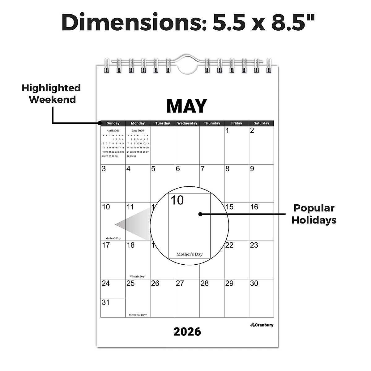 CRANBURY 2023 Small Wall Calendar - (5.5x8.5"), Mini Notepad Calendar, Little Wall Calendar 2023 for Desk, Fridge, or Bulletin Board, Includes Stickers