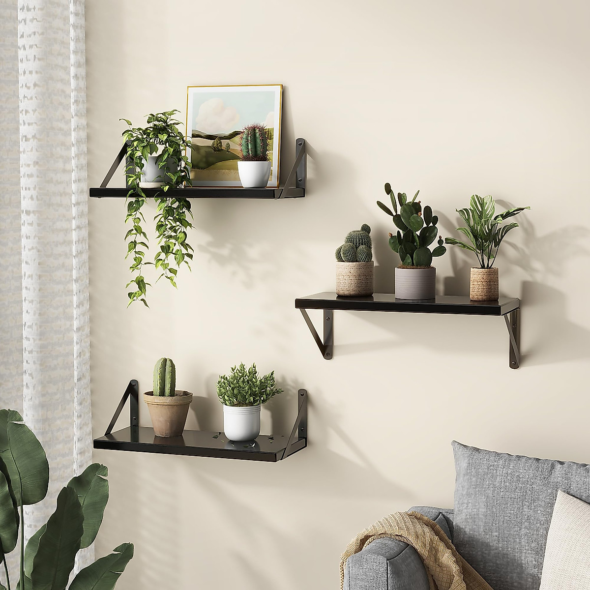 Fun Memories Black Floating Shelves Set of 3, Wooden Wall Book Shelves, Wall Mounted Bathroom Shelves, Modern Storage Shelf Bathroom Organizer, Living Room, Kitchen, Office (16.5 inches Long)