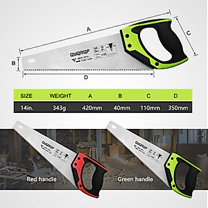 14 in. Pro Hand Saw, 11 TPI Fine-Cut Soft-Grip Hardpoint Handsaw Perfect for Sawing, Trimming, Gardening, Cutting Wood, Drywall, Plastic Pipes, Sharp Blade, Ergonomic Non-Slip Handle (green)
