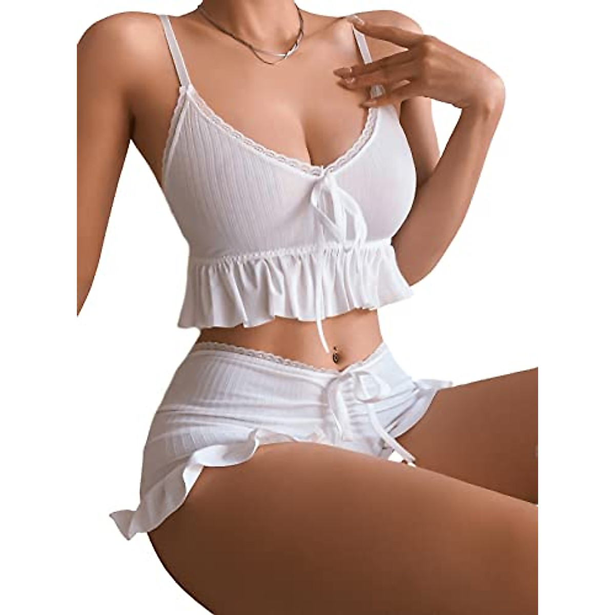 SweatyRocks Women's 2 Piece Lingerie Set Ruffle Trim Tie Front Cami Top and Shorts Sleepwear White S