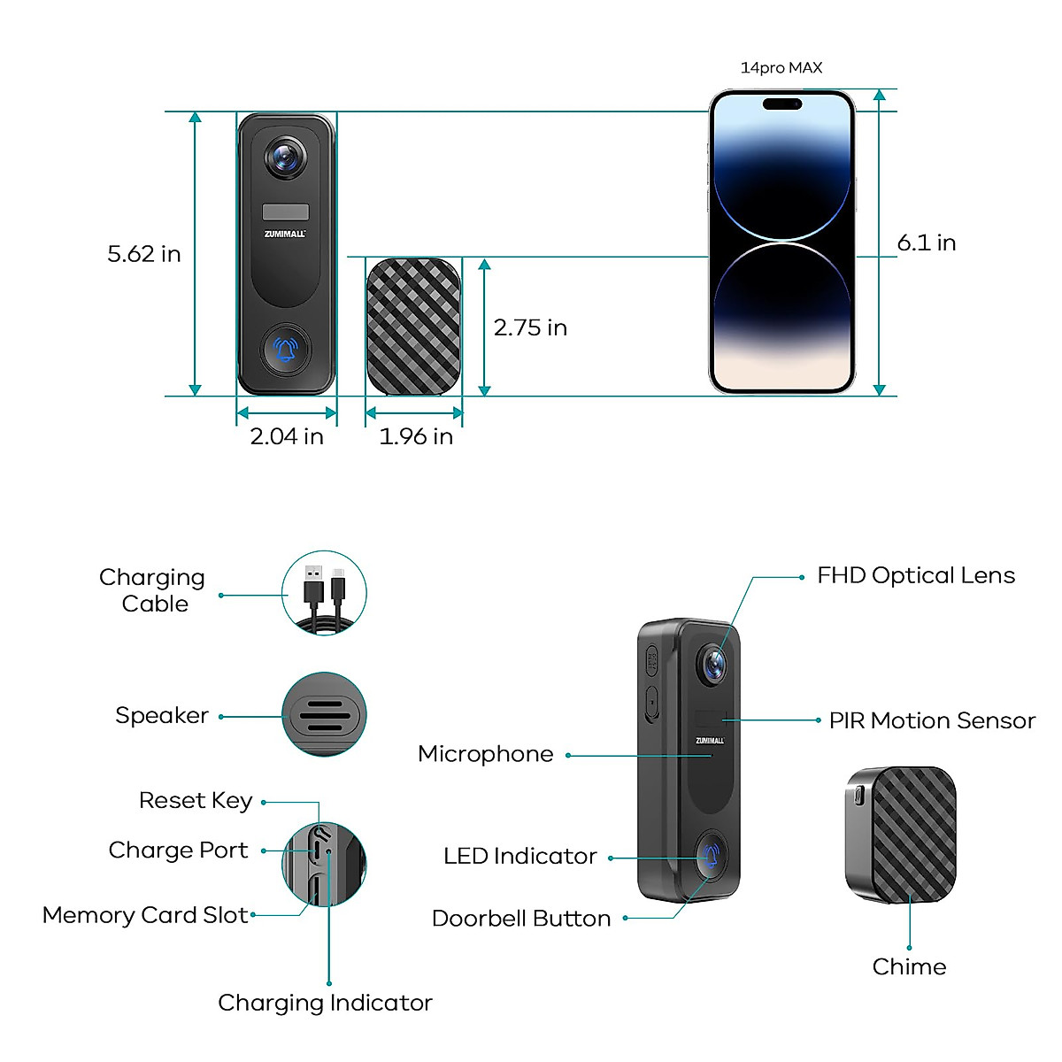 ZUMIMALL 2K FHD Doorbell Camera Wireless, WiFi Video Doorbell Camera with Chime, IP66 Waterproof, Motion Detection, Night Vision, 2-Way Audio, Local & Cloud Storage, 2.4G WiFi, 30s Voice Message