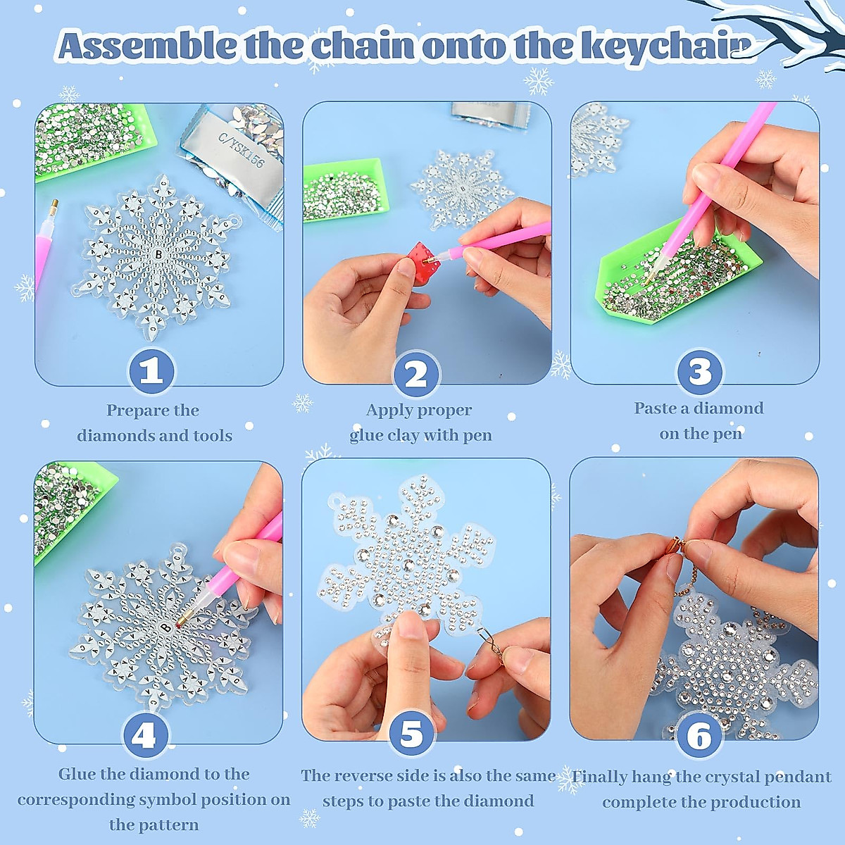 UPINS Snowflake Diamond Art Painting Kits, 8 Pcs 5D Christmas Diamond Art Ornaments DIY White Crystal Wind Chimes Ornaments for Christmas Tree Hanging Decor