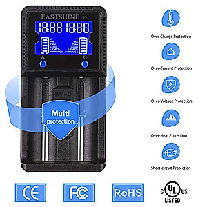 Universal Battery Charger EASTSHINE S2 LCD Display Speedy Smart Charger for Rechargeable Batteries Ni-MH Ni-Cd AA AAA Li-ion LiFePO4 IMR 10440 14500 16340 18650 RCR123 26650 18500 17670 & Car Adapter
