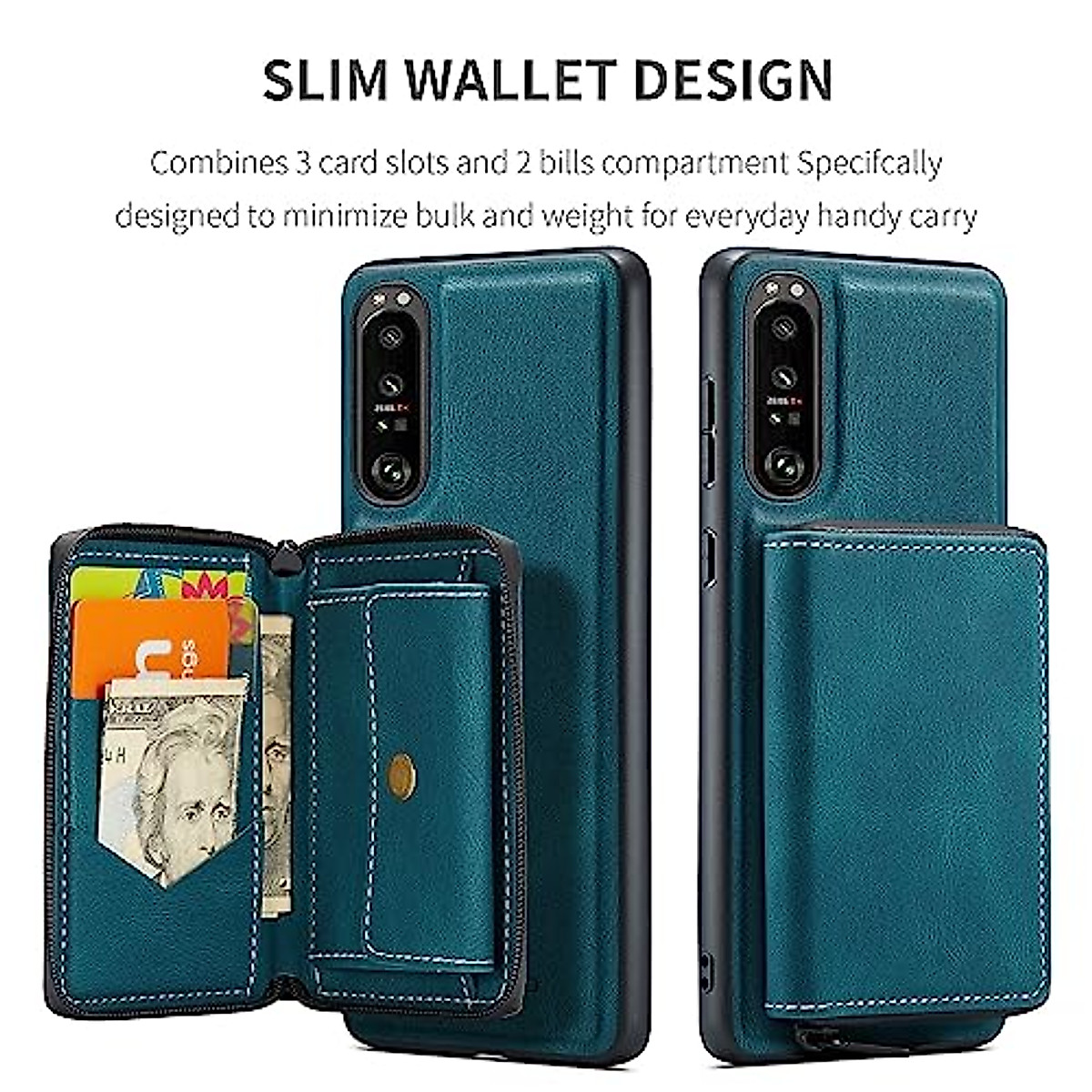 Asuwish Phone Case for Sony Xperia 1 III 3 / Experia1iii 5G Wallet Cover with Tempered Glass Screen Protector and Credit Card Holder Zipper Stand Leather Cell Experia 1III 5G XQ-BC72 Women Men Blue