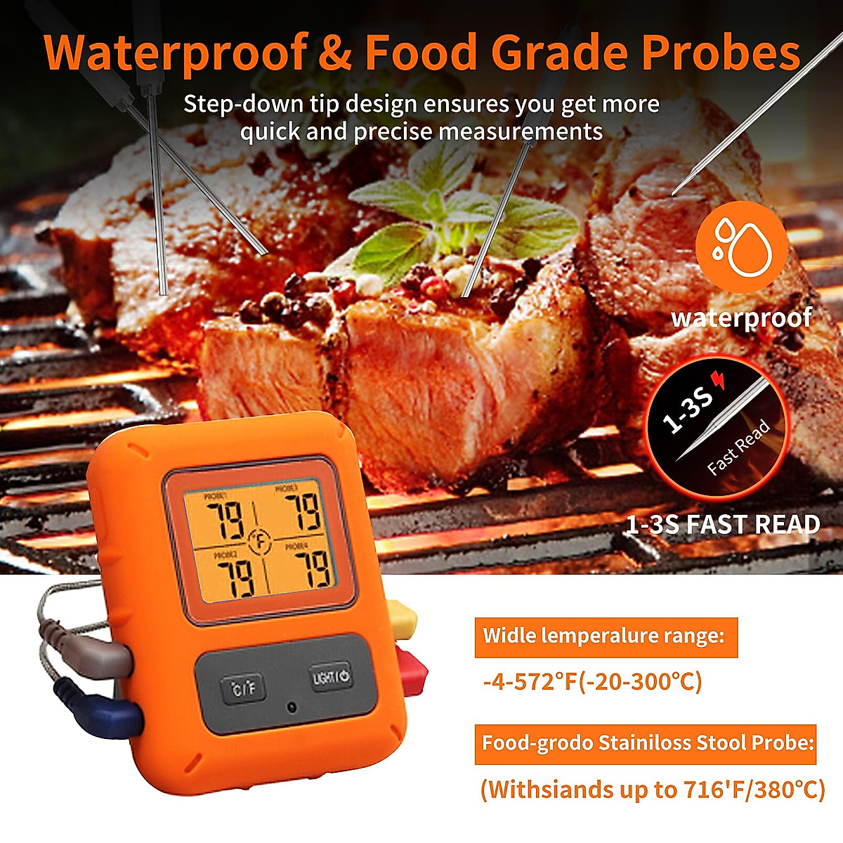 Wireless Meat Thermometer with 4 Meat Probes Remote Cooking Food Thermometer with Alarm Calibration & Timer 500FT Digital Cordless Thermometer for Kitchen Outdoor BBQ Smoker Oven Grill Fryer Beef