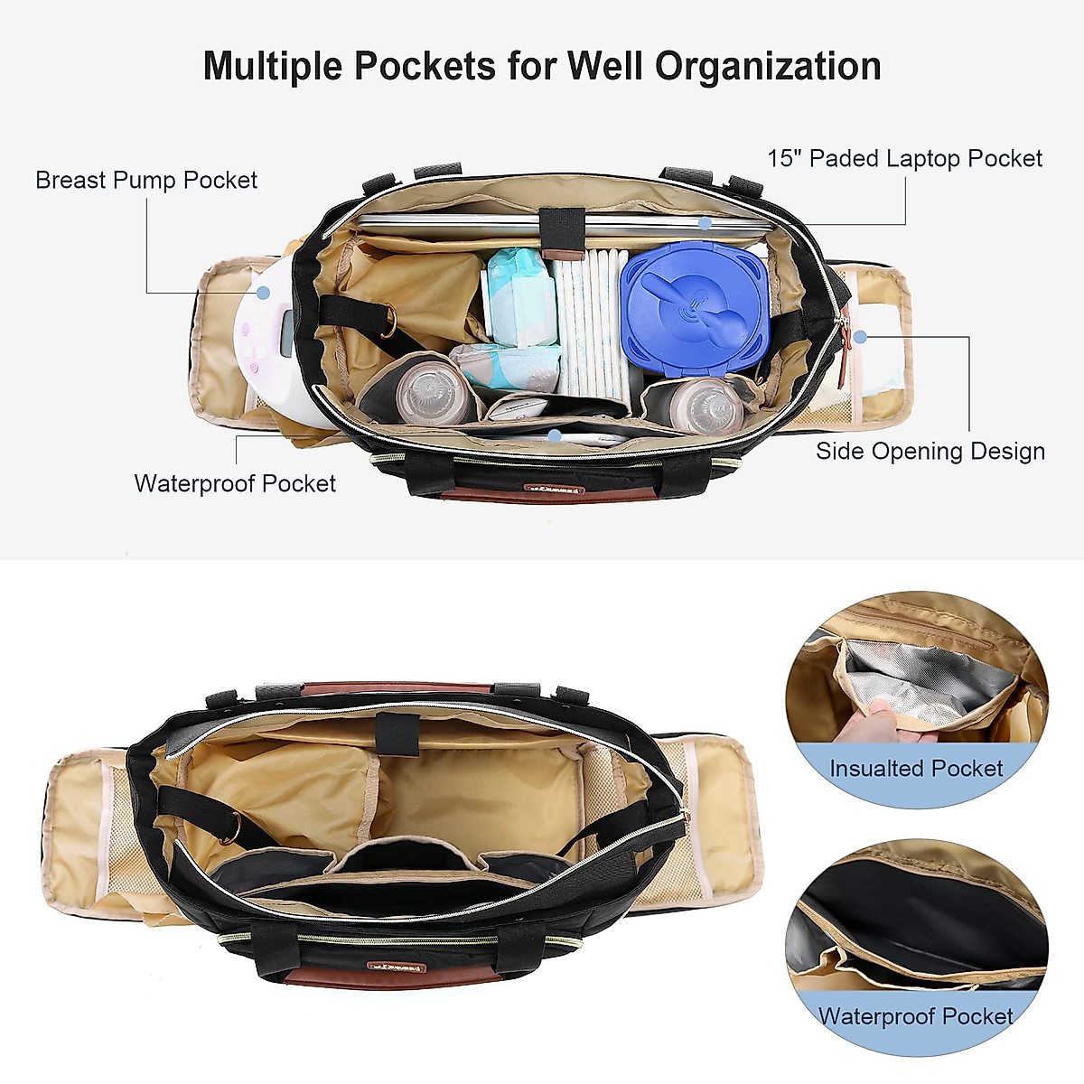 LOVEVOOK Breast Pump Bag, Diaper Bag Tote 3Pcs Set, Work Bag for Breastfeeding Mom with 15" Laptop Pocket, Cooler Bag & Changing Pad Fit Most Breast Pumps like Spectra S1/S2, Medela, Rainyb, Elvie