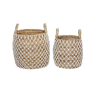 Deco 79 Banana Leaf Handmade Decorative and Functional Storage Basket String Detail Basket Organizer with Handles, Set of 2 Basket for Storage 19", 17"H, Brown