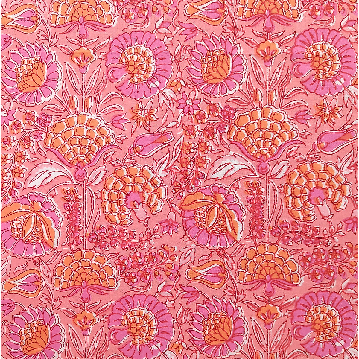 AVKA Studio Hand Block Print Fabric by The Yard - PRECUT 1 Yard 42 Inch Width - 100% Cotton Material - Pink Floral Pattern - Light Weight Indian Cloth for Making Summer Dress Tops Indian Fabric etc
