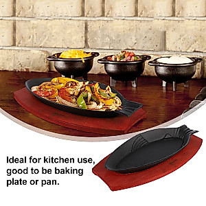 DOITOOL Small Cast Iron Skillet with Wooden Base, Creative Fish-Shaped Japanese Steak Plate Set for Restaurant Home Kitchen Cooking Pan Grilling Meats Seafood