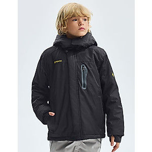 GEMYSE Boy's Waterproof Ski Snow Jacket Hooded Fleece Lined Windproof Winter Jacket (Black,10/12)