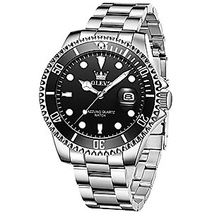 OLEVS Mens Watch Stainless Steel Big Face Silver Black Casual Dress Wrist Watch Quartz Analog Day Date Waterproof Luminous