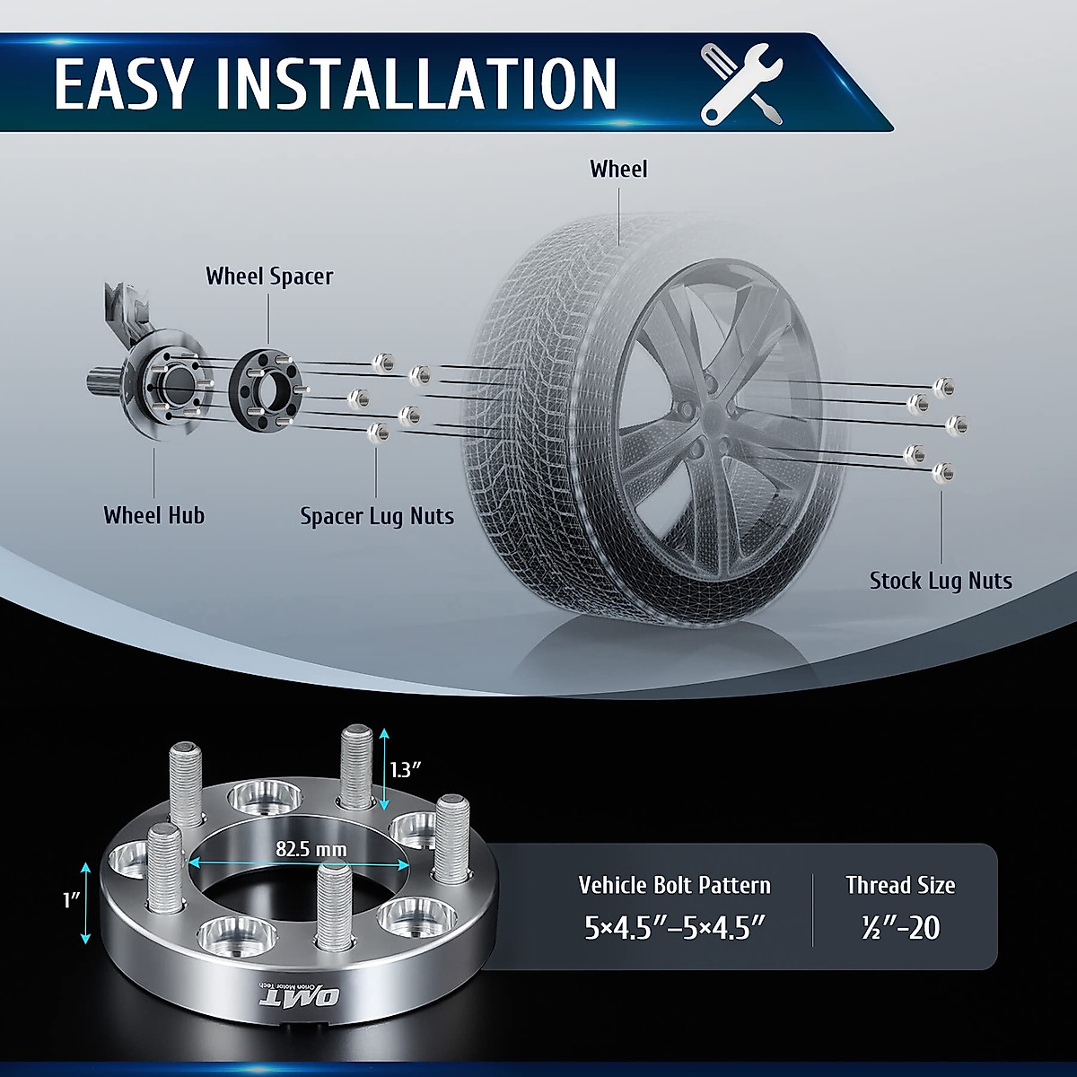 Orion Motor Tech 5x4.5 Wheel Spacers, 1 Inch Spacers with 1/2-20 Studs Compatible with Jeep Wrangler TJ YJ Grand Cherokee Ford Explorer Mustang Ranger, 82.5mm Center Bore Wheel Spacer Kit Set of 2