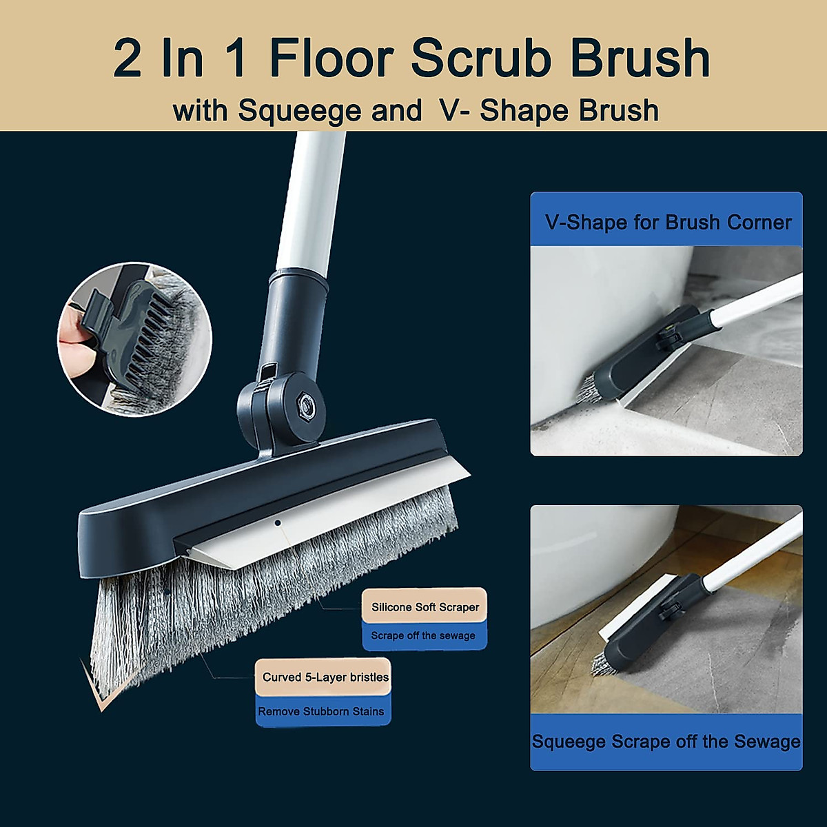 Floor Scrub Brush with Long Handle Grout Brush 2 in 1 Scrape Brush V-Shape Stiff Bristle Floor Scrubber with Squeegee 180°Rotating, Shower Scrubber Brush for Cleaning Bathroom, Kitchen, Wall