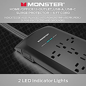 Monster Black Heavy Duty Surge Protector Power Strip 6 ft Cord with 12 120V-Outlet Extension, 2 Ethernet Switch Ports, 4050J Rating, 1 USB-A, and 1 USB-C Charging Ports – Ideal for Computers & Offices