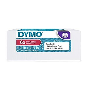 DYMO Authentic LabelWriter Adhesive White Mailing Address Labels (30251) 1 1/8" x 3 1/2", 6 Rolls of 130