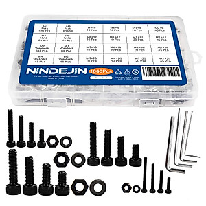 NINDEJIN M2 M3 M4 M5 Hex Socket Head Cap Screw Bolts Nuts and Washer Assortment Kit, 1060 PCS Black Machine Screws Set, 12.9 Carbon Steel Metric Small Parts with 4 Pieces Allen Wrenches