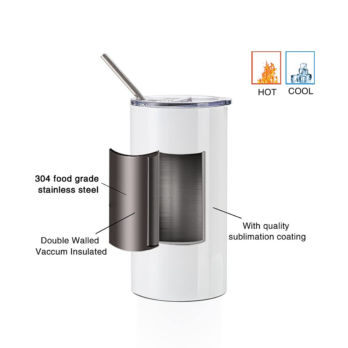 PYD Life Sublimation Blanks Tumbler Straight Fatty 20 OZ White Stainless Steel Tumbler Cups with Lid and Metal Straw for Cricut Mug Press Machine Sublimation Print 4 Pack