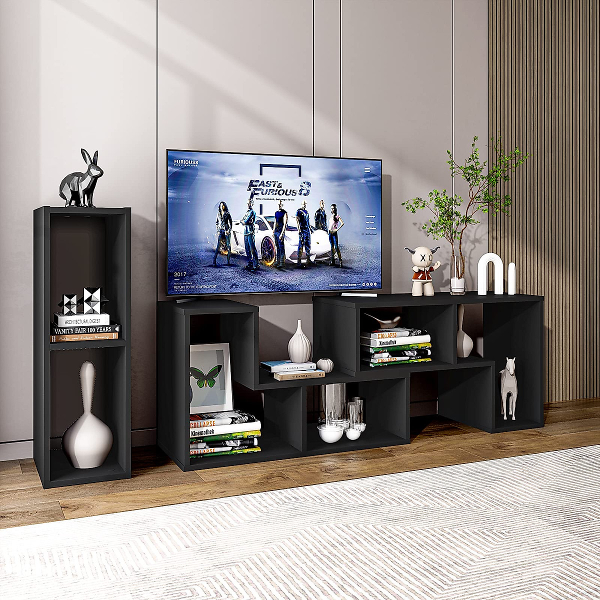 Tangkula 3 Pieces Console TV Stand, Free-Combination Entertainment Center for 50 55 60 65 Inch TV, Minimalist Modern TV Media Stand, DIY Open Storage Bookcase Shelf for Living Room (Black)