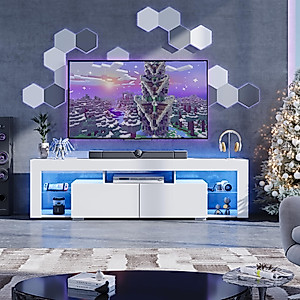 WLIVE 63 Inch TV Stand, LED Entertainment Center for 60 to 70 Inch TV, Modern TV Console with 2 Drawers, TV Stands for Living Room, White