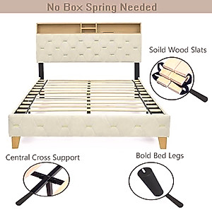 Klwenas Maec Queen Size Bed Frame,Modern Fabric Platform Bed Frame with Outlet & USB Ports,Storage Headboard,Heavy Duty Mattress Base,Wooden Slat Support,No Box Spring Needed (Beige, Queen)