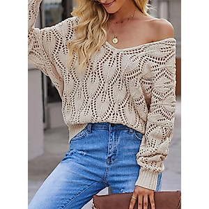 Dokotoo Autumn Sweaters V Neck Crochet Hollow Out Lightweight Oversized Pullover Sweaters Off The Shoulder Sweater for Women Apricot Large