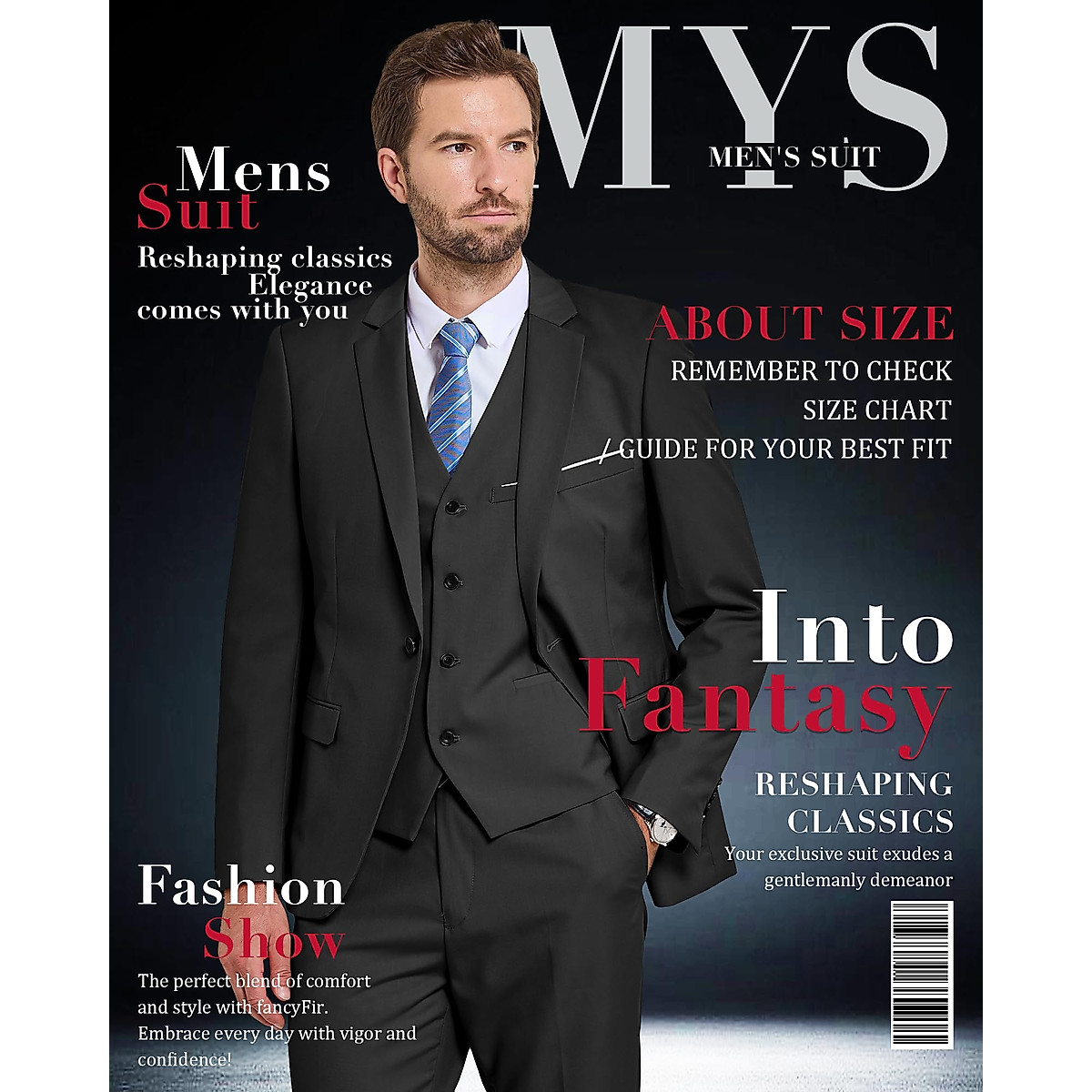 MY'S Men's 3 Piece Slim Fit Suit Set, One Button Solid Jacket Vest Pants with Tie Deep Blue X-Small